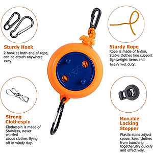 Portable Travel Clothesline Cord, Adjustable Camping Clothes line, Heavy Duty Washing Line with 20 Clothespins & 10 Stoppers for Indoor/Outdoor, Camping, Travel, Courtyard 26ft, 2Pack