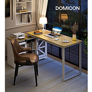 DOMICON Rustic Corner Desk with Storage, L Shaped Farmhouse Office Desk with Sufficient Storage Capacity, Built-in Power Socket and Barn Door Design