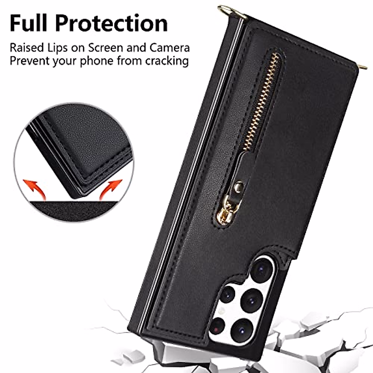 Vofolen Wallet Case for Samsung Galaxy S22 Ultra with Card Holder Lanyard Neck Crossbody Detachable Strap Zipper Purse Square Flip Slim PU Leather Double Magnetic Clasp Kickstand Cover 6.8 inch Black