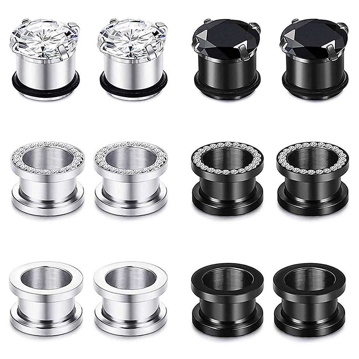 Longbeauty 12pcs Gorgeous Cubic Zirconia Tunnels 316L Stainless Steel Ear Gauges Earring Plugs for Ears Screw Fit Body Piercing Jewelry 4g-3/4
