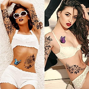 Cerlaza Temporary Tattoos for Women, Fake Flower Tattoos Stickers for Adults, Semi Permanent Half Sleeve Tattoo Body Leg Makeup Waterproof, Flower 3D Butterflies Tatuajes Temporales-12 Sheets