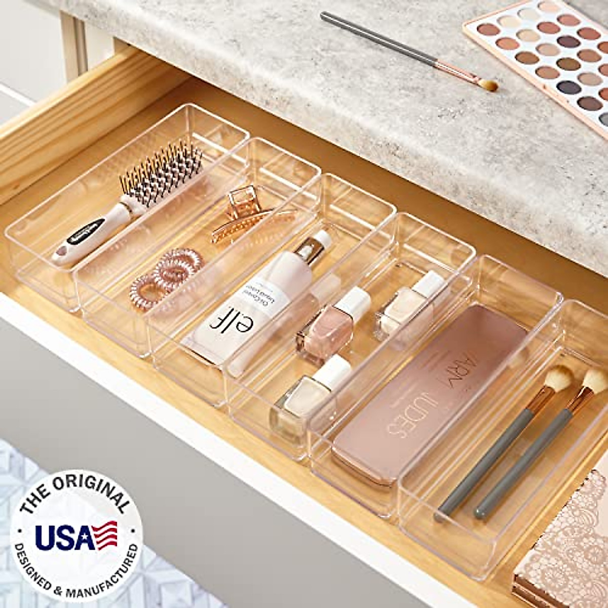 STORi SimpleSort 6-Piece Stackable Clear Drawer Organizer Set | 9" x 3" x 2" Rectangle Trays | Narrow Makeup Vanity Storage Bins and Office Desk Drawer Dividers | Made in USA