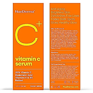 NueDerma Vitamin C Serum For Face Anti Aging, Brightening, Retinol, Aloe, Hyaluronic Acid, Vitamins E, B3. Boosts Collagen
