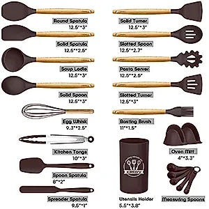 Kinfayv Silicone Cooking Utensils Kitchen Utensil Set, 21 PCS Wooden Handle Nontoxic BPA Free Silicone Spoon Spatula Turner Tongs Kitchen Gadgets Utensil Set for Nonstick Cookware with Holder (Coffee)
