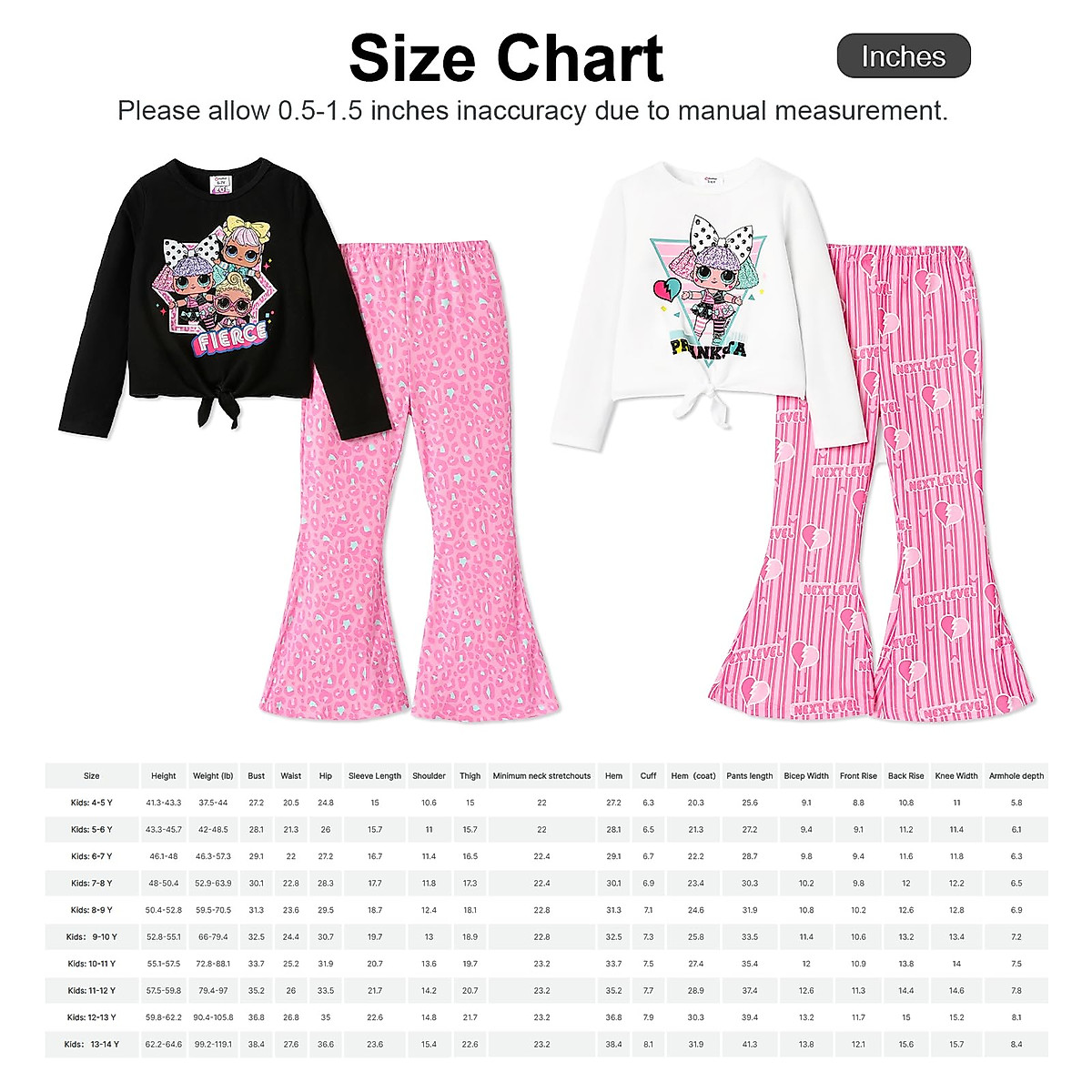 L.O.L. Surprise! Girls 2 Piece Outfits Tie Knot Long Sleeve Tee Top and Heart Pink Bell Bottom Flared Pants Set Black 8-9 Years