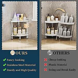 Consumest Corner Shower Caddy Stand - 2 Tier Shower Organizer with Soap Holder, Standing Tall Floor Shower Stand with Adjustable Feet & 2 Hooks, Shower Shelf Rack Storage for Bathroom White