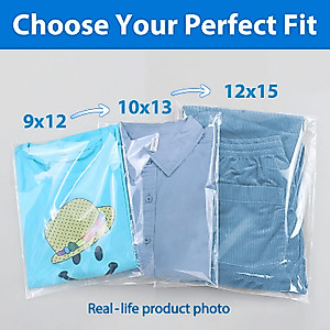 PigPotParty 100PCS 10"x13" Clear Plastic Cellophane Shirts Bags with Clothing Size Stickers, Resealable Self Seal Adhesive Bags for Jeans, Hoodies, Sweater, T-Shirt, Dress, Gift Packaging on Retail