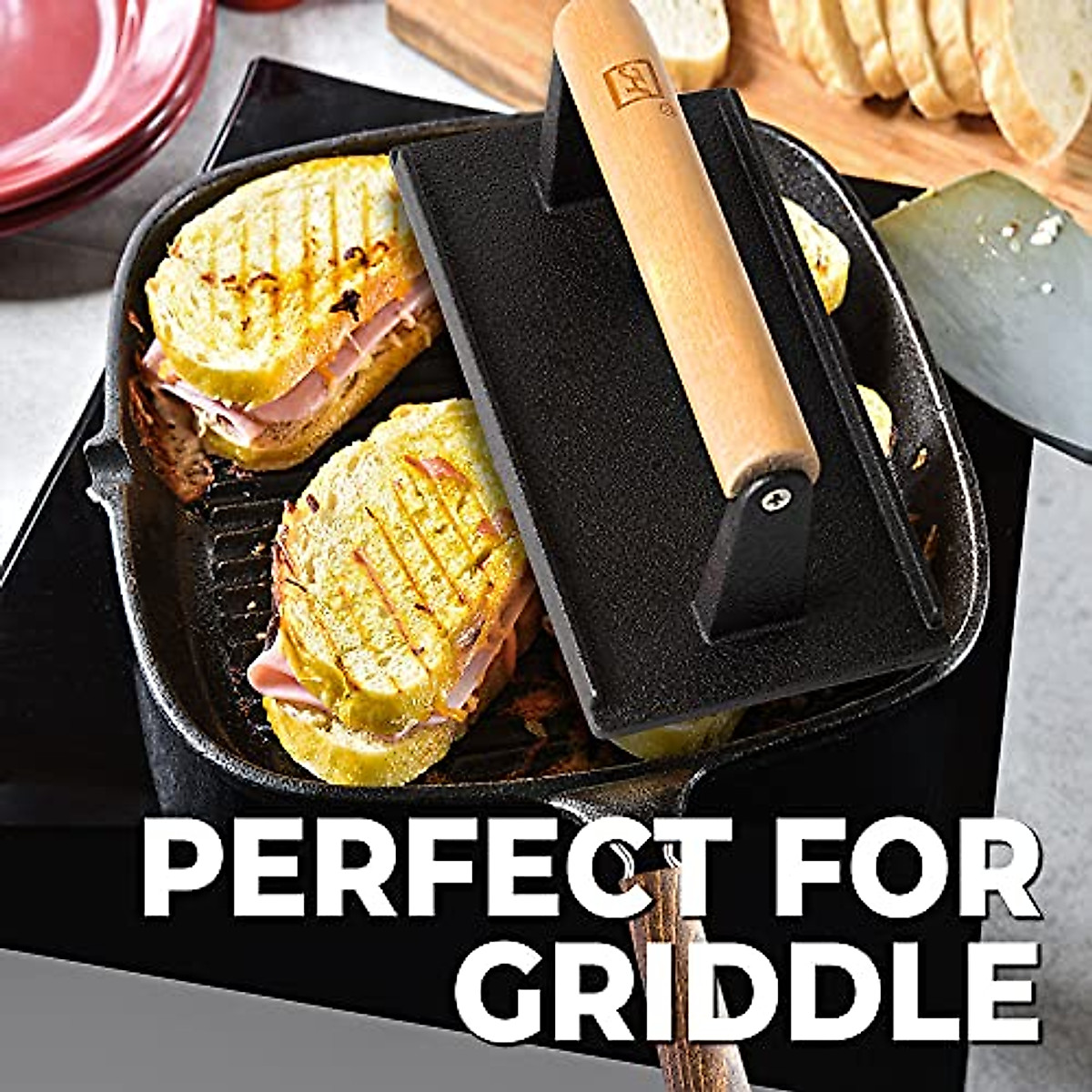 Cast Iron Grill Press (Set of 2) - 8 x 4 Inch, 2.6 lb Griddle Press with Cool-Touch Wood Handle - Pre-seasoned Meat Press for Steak, Burgers, Sandwiches, and Paninis – Non-Stick Bacon Press
