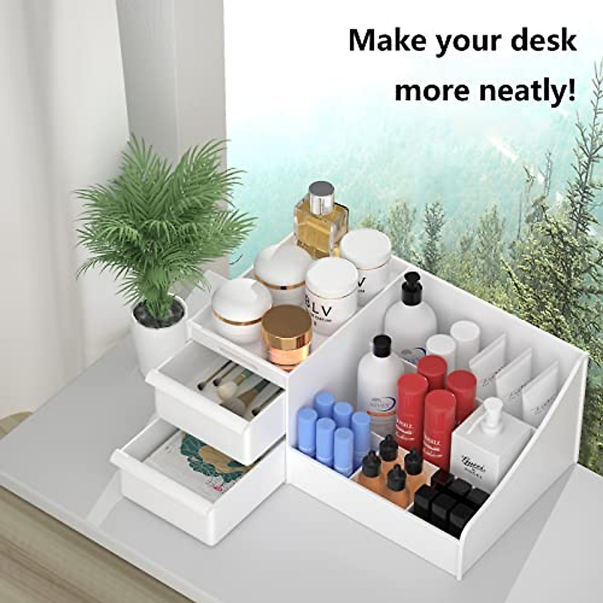 VZINO Drawer Makeup Organizer for Vanity, Large White Desk Organizer for Cosmetics, Skincare, or Stationery, Perfect for Bedroom and Office Countertops