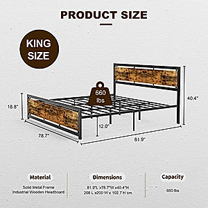 IKIFLY Industrial Metal King Size Bed Frame/Farmhouse Metal Platform Bed with Wooden Headboard Footboard/Heavy Duty Steel Slats Support/No Box Spring Need, Easy Assembly（King, Rustic Brown）