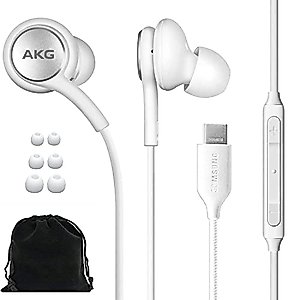 SAMSUNG AKG Earbuds Original USB Type C in-Ear Earbud Headphones with Remote & Mic for Galaxy S23 Ultra, A53 5G, S22, S21 FE, S20, Note 10, 10+, S10 Plus - Braided - Includes Velvet Pouch - White