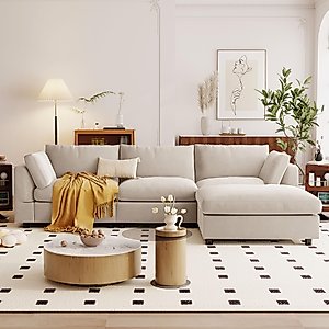 Tmsan 113" Large Sectional Sofa Cloud Couch for Living Room, Modern L Shaped Couch Set with Reversible Chaise, 4 Seater Polyester Fabric Sofa with Convertible Ottoman & 2 Pillows for Apartment Office