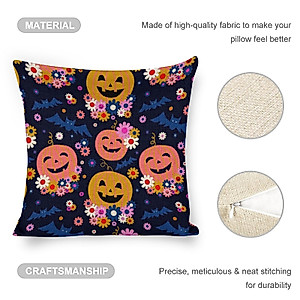 Halloween Pumpkins Flowers Pillow Covers 18x18 Colorful Autumn Pillowcase Set of 2 Linen Throw Pillow Covers Decorative Square Pillow Cases Standard Size for Home Couch Sofa Bed Pillow Protector