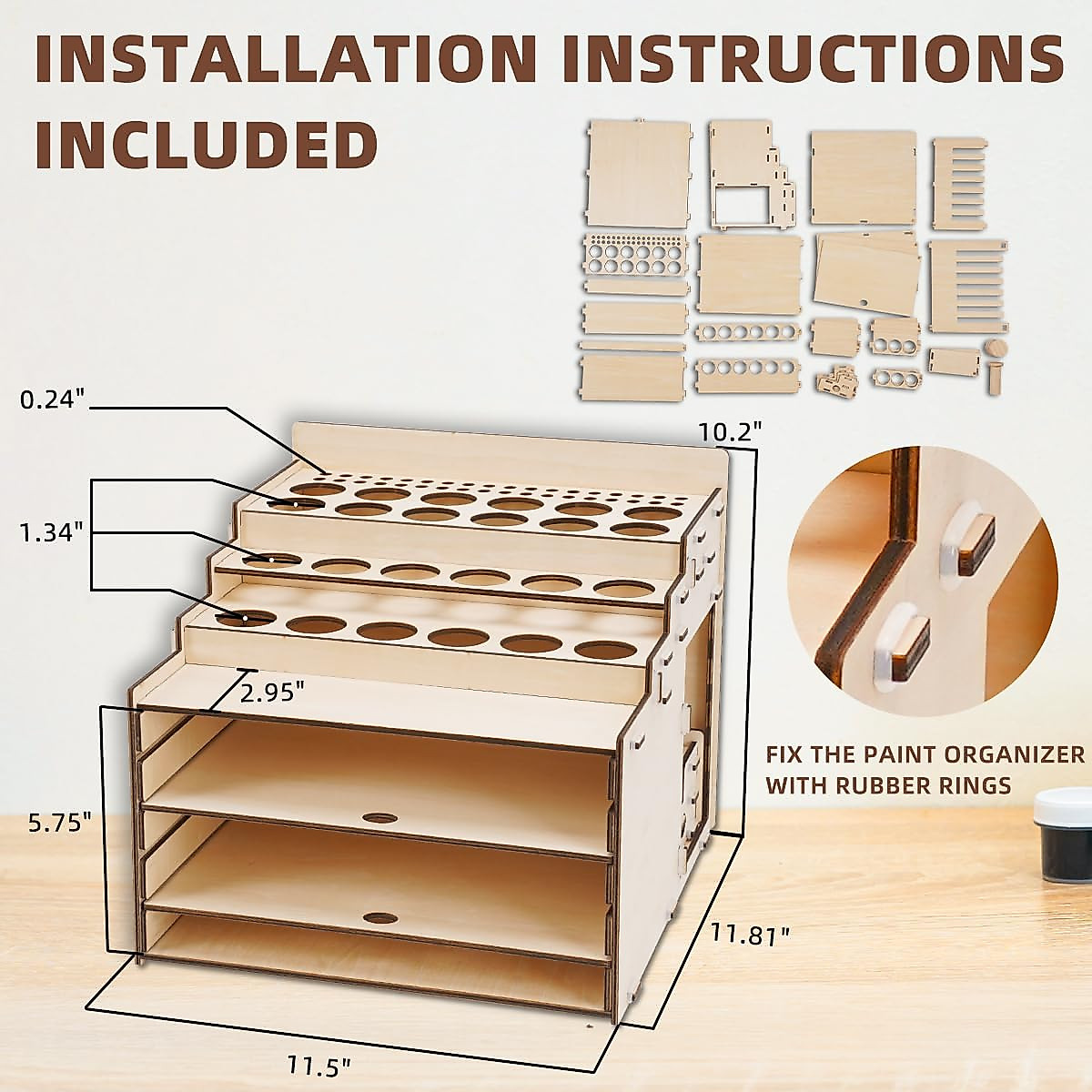 T TOGUSH Wooden Paint Organizer for 36 Holes of Citadel Paints and 36 Holes of Paint Brushes with Adjustable Storage wtih Model Pieces Shelf, Miniature Stands Holder Paint Rack for Miniature Paint Set