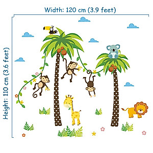ElecMotive Cartoon Forest Animal Monkey Crow Koala Coconut Palm Tree Nursery Wall Stickers Wall Murals DIY Posters Vinyl Removable Art Wall Decals for Kids Girls Room Decoration (Monkey Lion Giraffe)
