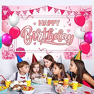 Hot Pink Happy Birthday Banner Backdrop Decorations for Girls Women, Happy Birthday Party Sign Supplies, Large 10th 16th 21st 30th 40th 50th Birthday Background Photo Booth Props Decor