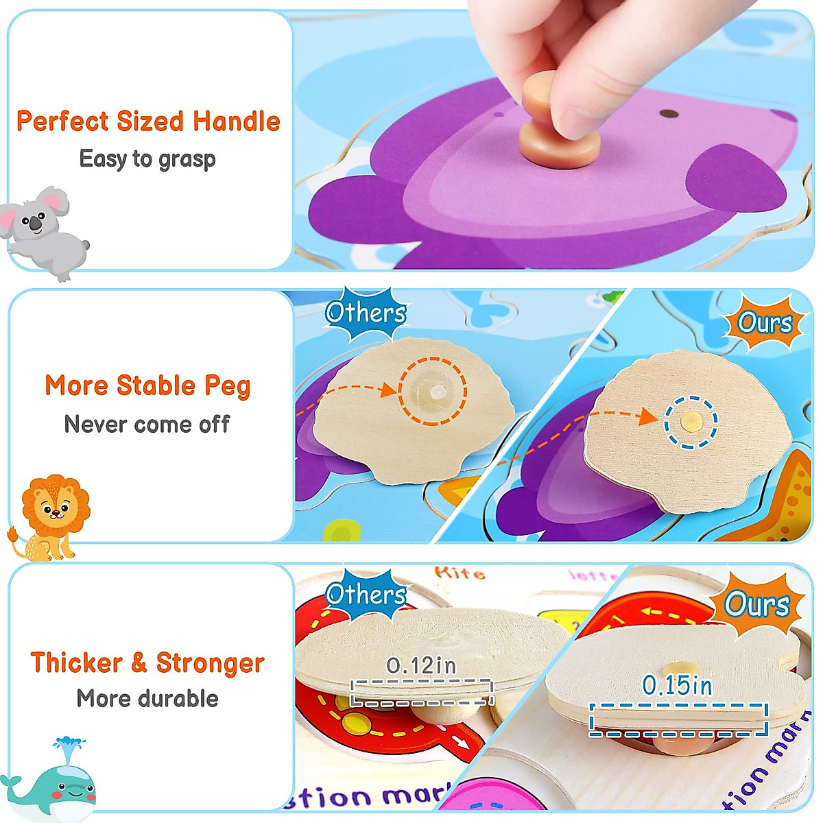 Puzzles for Kids Age 2-4 with Rack and Wooden Clock, 6 Pack Wooden Peg Puzzles for Toddlers with Storage Holder Rack, Educational Toys - Alphabet Number Animal Vehicle Shape