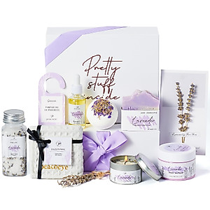 Peacoeye Gifts for Women Spa Lavender Bath Gift Baskets Mothers Day Gifts Relaxing Self Care Gift for Mom Her Sister Wife Auntie Home Bath Kit Care Package Birthday Friendship Gift Ideas