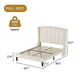 Full Size Bed Frame Upholstered Queen Bed Frame with Faux Leather Headbaord Modern Deluxe Wingback, Mattress Foundation Wood Slat Support Platform Bed No Box Spring Needed, Easy Assembly, White