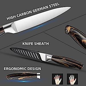 BECOKAY Kitchen Utility Knife - 5 inch Petty Knife with Sheath - Sharp High Carbon German Stainless Steel Cutting Engraving Knife - Suitable for Meat, Fruit Peeling Knife - Ergonomic Handle Design