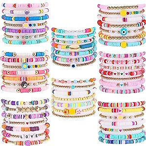 WAINIS 56 Pcs Preppy Heishi Bracelets for Women Colorful Heart Star Evil Eye Flower Beaded Polymer Clay Pearl Stackable Bracelet Charm Y2K Kidcore Summer Beach Surfer Bohemian Layering Bracelets