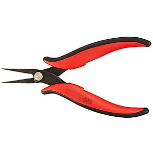 Hakko CHP PN-2005 Long-Nose Pliers, Pointed Nose, Flat Outside Edge, Serrated Jaws, 32mm Jaw Length, 1.2mm Nose Width, 3mm Thick Steel, Red