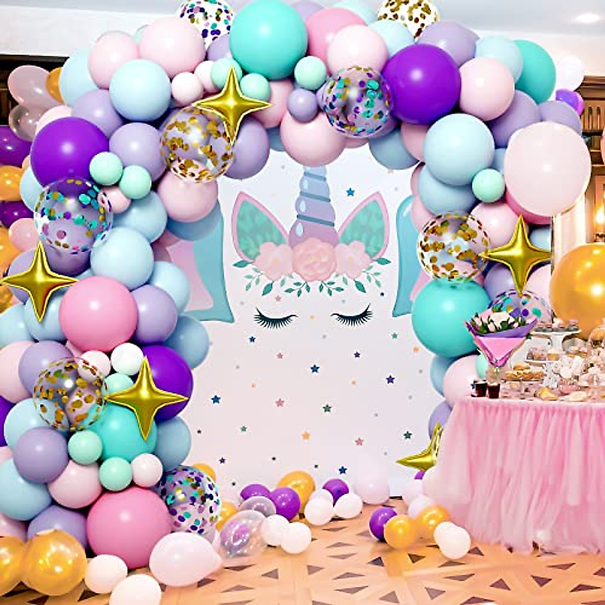 RUBFAC Mermaid Balloons Garland Kit, Mermaid Balloons Pastel Pink Purple Blue Gold Confetti Party Balloons for Birthday Party Bridal Baby Shower Decorations