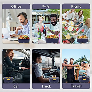 2L Electric Lunch Box,80W Portable Food Warmer Lunch Box Fast Heated Lunch Boxes for Adults,Rechargeable 12V 24V 110V Self Heating Lunch Box for Car Truck Work with SS Container Fork Spoon Carry Bag