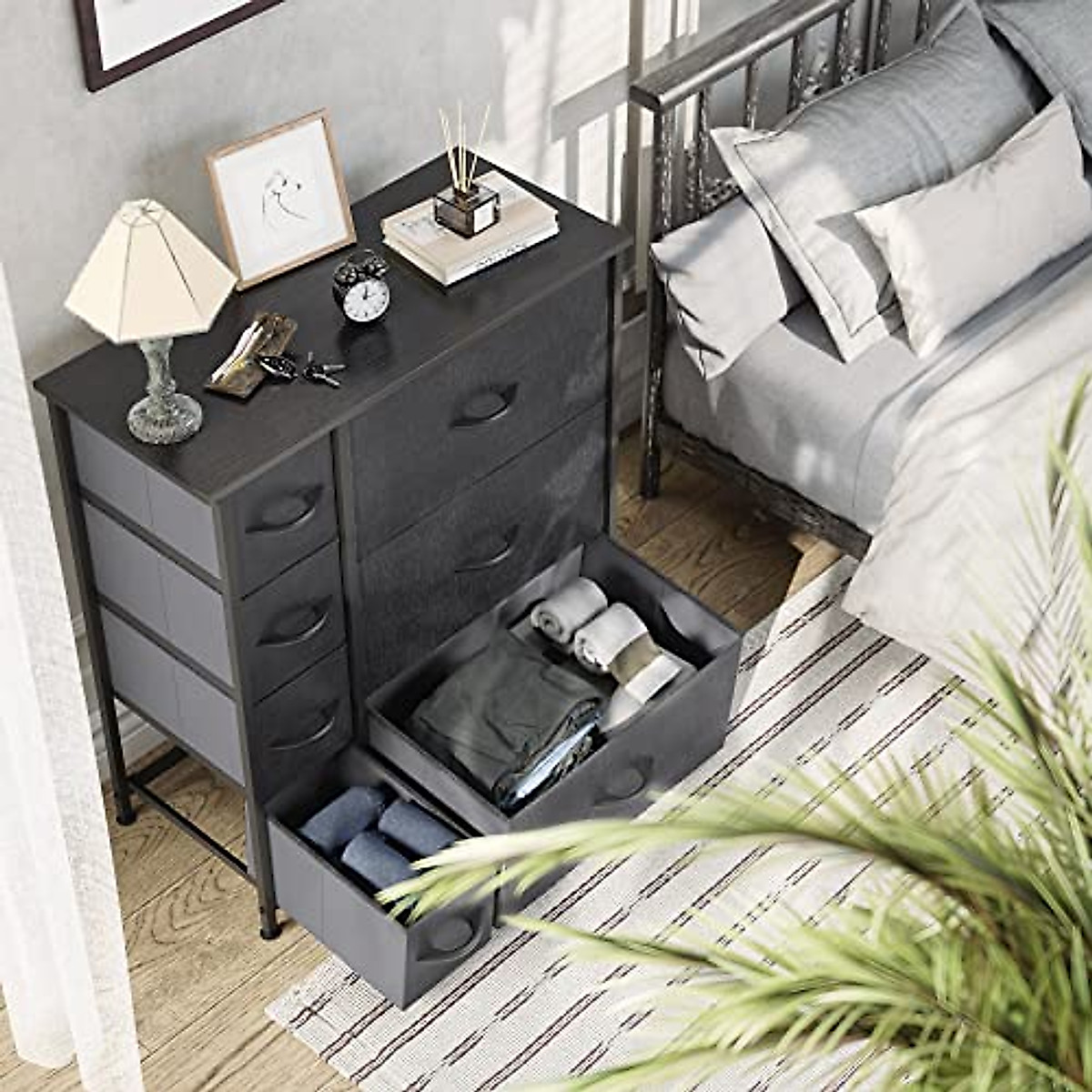YITAHOME 7 Drawers Dresser- Fabric Storage Tower, Organizer Unit for Bedroom, Living Room, Hallway, Closets& Nursery- Sturdy Steel Frame, Wooden Top& Easy Pull Fabric Bins (Black/Grey)