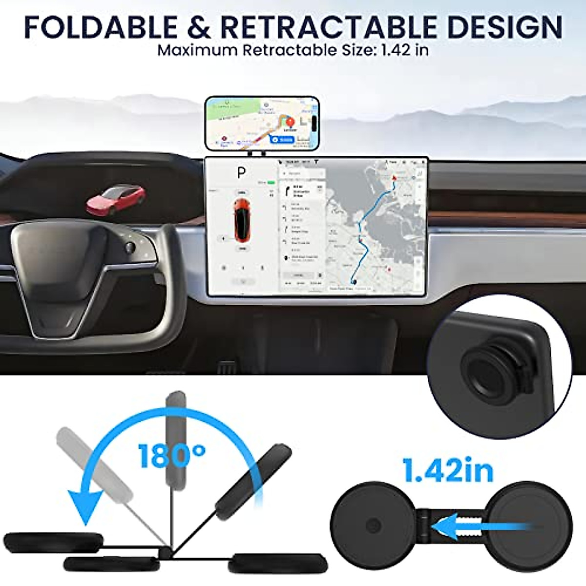 Car Phone Holder for Tesla Model 3/X/Y/S, HAMOPY Invisible Magnetic Phone Mount for Car, 360° Rotatable MagSafe Car Mount for All Phone, Foldable Holder for MagSafe Design, Tesla Model 3/Y Accessories