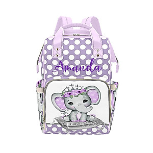 XOZOTY Personalized Cute Purple Elephant Diaper Bag Backpack with Name for Men Women Custom Nursing Baby Bags Shoulders Travel Bag Daypack