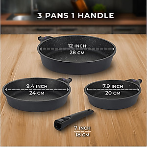 GIPFEL INTERNATIONAL 8, 10 and 12 Inch Nonstick Frying Pan Set of 3 - Cast Aluminum Pan with Detachable Handle - Non Stick Skillet Healthy Cooking Pans Induction Compatible Cookware, PFOA Free