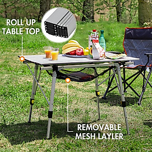 PORTAL Outdoor Folding Portable Picnic Camping Table with Adjustable Height Aluminum Roll Up Table Top Mesh Layer, Silver