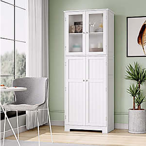 BOTLOG Tall Kitchen Pantry, 67-Inch High Freestanding Tall Cupboard Storage Cabinet with Glass Doors and Shelves, Modern Food Pantry Cabinet Cupboard White for Kitchen, Dining Room, Home bar