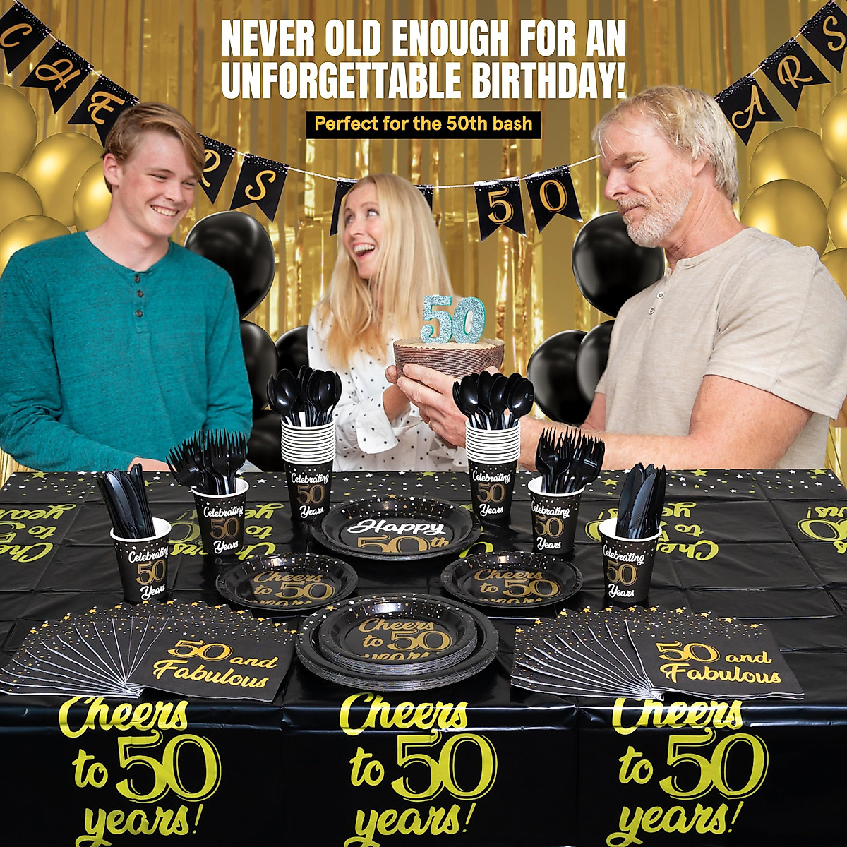 202-Piece 50th Birthday Decorations Set for Women and 50th birthday decorations men – Includes Plates, Napkins, Cups, Tablecloth, Cutlery, and Balloons – Serves 25