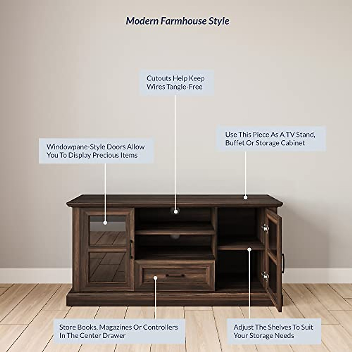 BELLEZE 62" Rustic Modern Sideboard Buffet Storage with Window Pane Glass Cabinet Doors and Adjustable Shelves - Trussati (Dark Walnut)