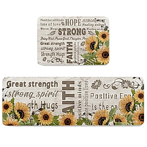 Anti-Fatigue Kitchen Mats Standing Rugs Set of 2 Positive Energy Faith Hug Text on Wood Grain Non-Slip Area Runner Floor Doormat Retro Sunflower Art Washable Cushioned Carpet for Bedroom Bathroom