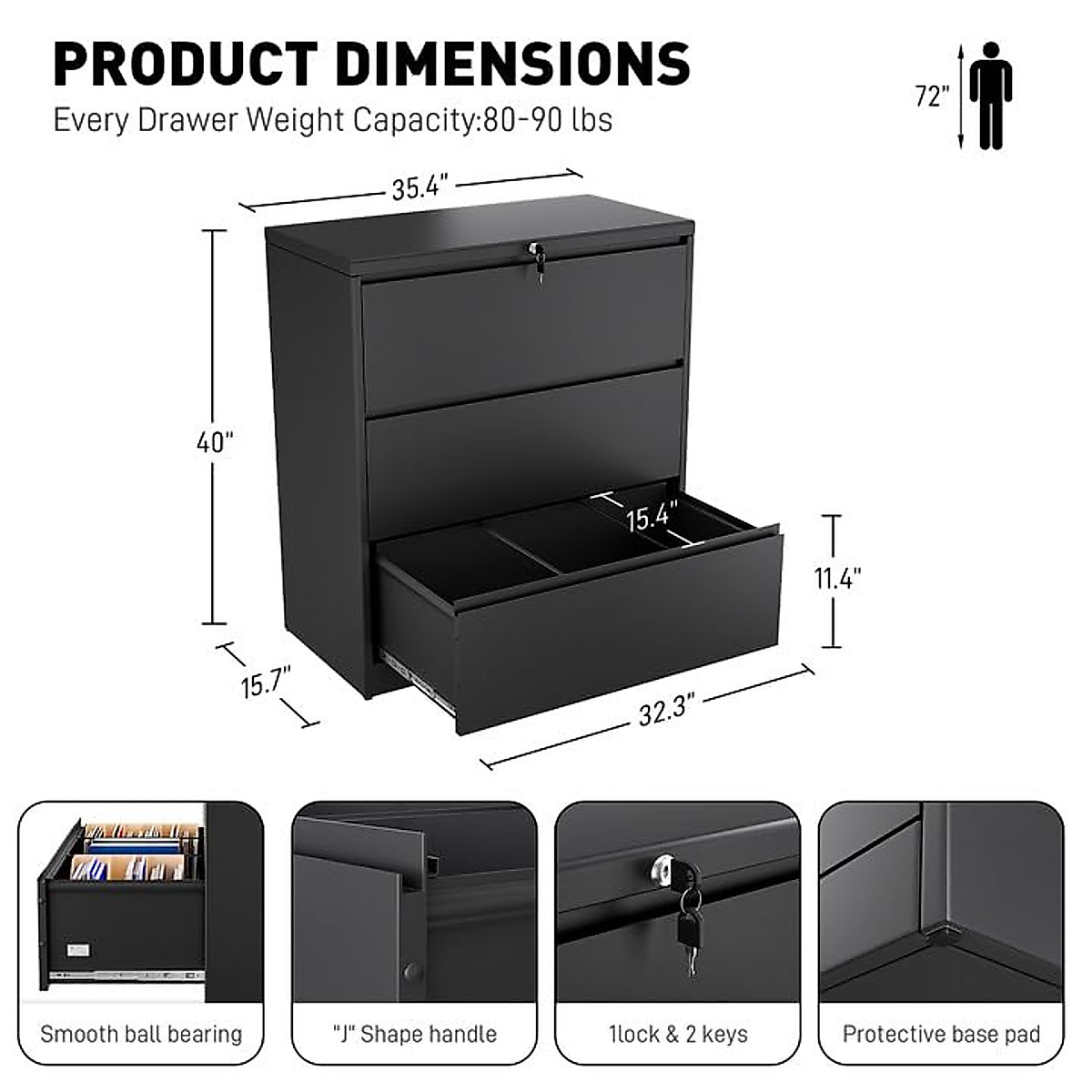 WIILAYOK Lateral File Cabinet with Lock,3 Drawer File Cabinet for Home and Office, Organizer Storage Lateral Locking Filing Cabinet, Black