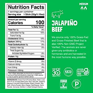 Chomps Grass-Fed and Finished Jalapeño Beef Jerky Snack Sticks 10-Pack - Keto, Paleo, Whole30, 10g Lean Meat Protein, Gluten-Free, Zero Sugar Food, Non-GMO