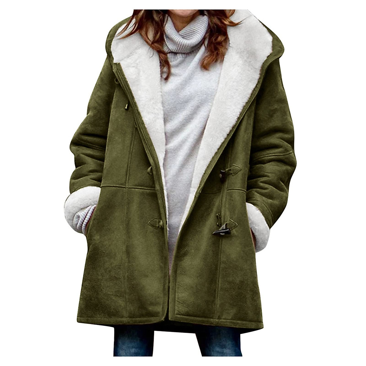Plus Size Winter Coats for Women 2024 Warm Sherpa Fleece Lined Distressed Jackets Hooded Parka Faux Suede Pea Coat Outerwear, women coat winter jackets for women plus size, Army Green 3x