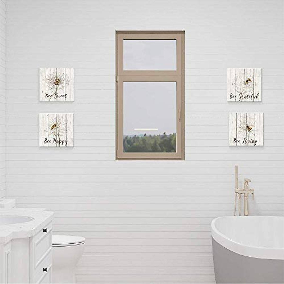 Takfot Bee Wall Decor Inspirational Wall Art Farmhouse Rustic Bathroom Decor, Motivational Quotes Brown Canvas Pictures for Bedroom Living Room Office,12"x12", set of 4