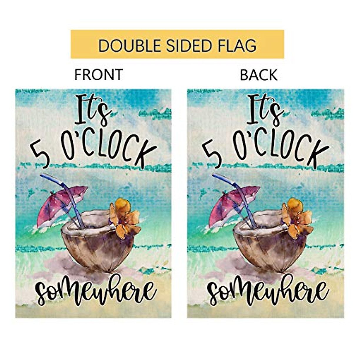 BLKWHT Summer Beach Garden Flag It's 5 O'Clock Somewhere Vertical Double Sided Tropical Fruit Coconut Burlap Yard Outdoor Decor 12.5 x 18 Inches A2152