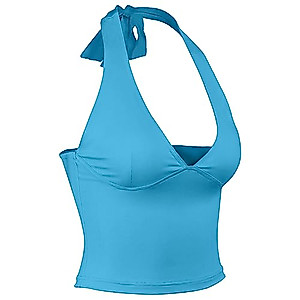 HOTOLP Halter Crop Tops for Women Sexy Deep V Neck Backless Going Out Tops Sleeveless Tie Back Cami Y2k Workout Tank Top (S Blue)