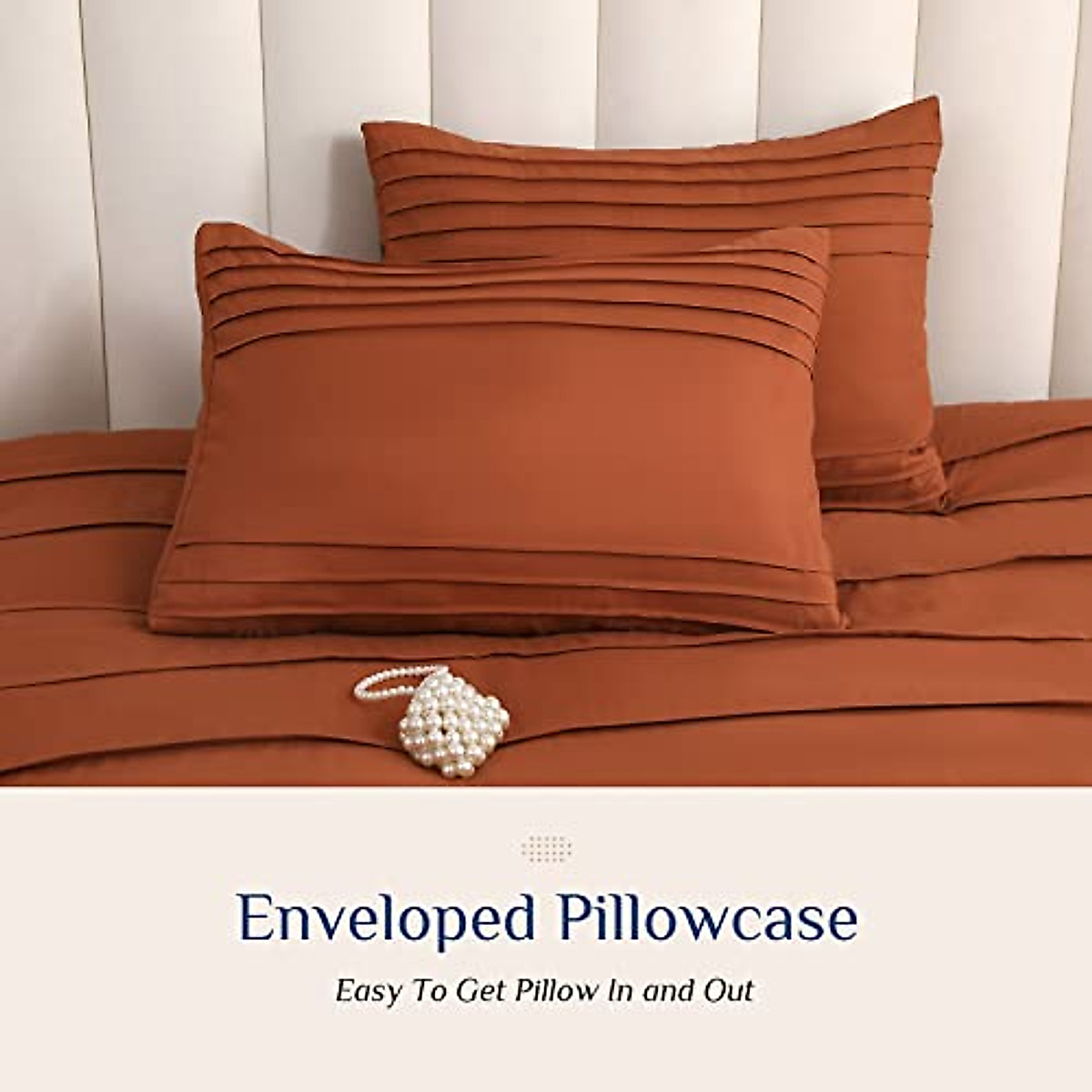 Argstar 3 Pieces Pleated Duvet Cover King, Burnt Orange Boho Textured Duvet Cover, 100% Washed Microfiber Soft Striped Comforter Cover with Zipper & Ties (1 Rust Duvet Cover, 2 Pillowcases)