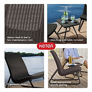 Keter Rio 3 Piece Resin Wicker Patio Furniture Set with Side Table and Outdoor Chairs, Brown