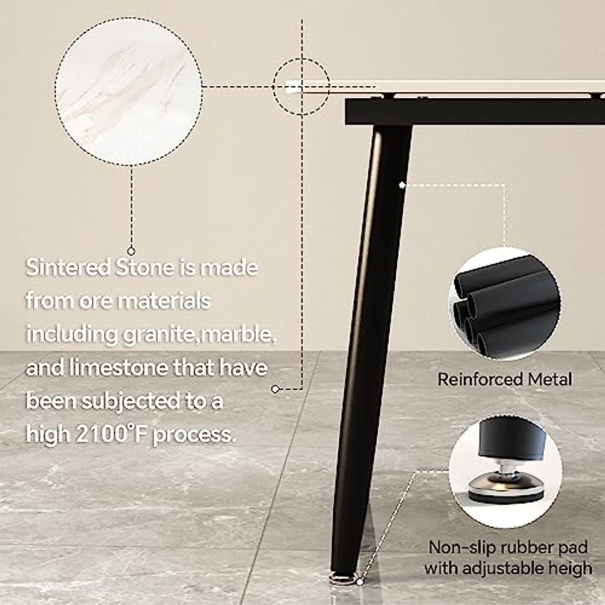 VVSmriti Sintered Stone Dining Table, Metal Legs, a Contemporary Dining Table with Rounded Corner Design - Ideal for Home, Office, and Dining Room - 55x27.5x29.3 Inches, White