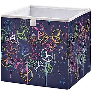 visesunny Closet Baskets Colorful Peace Pattern Doodle Storage Bins Fabric Baskets for Organizing Shelves Foldable Storage Cube Bins for Clothes, Toys, Baby Toiletry, Office Supply