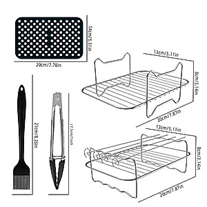 TuTuYa Air Fryer Rack for Ninja Dual Air Fryer DZ201/401 & Most 8Qt-10Qt, Air Fryers Accessories Include 1 Steam Grill Rack, 1 Skewer Rack, 1 Food Tongs, 1 Oil Brush, 1 Silicone Air Fryer Liner