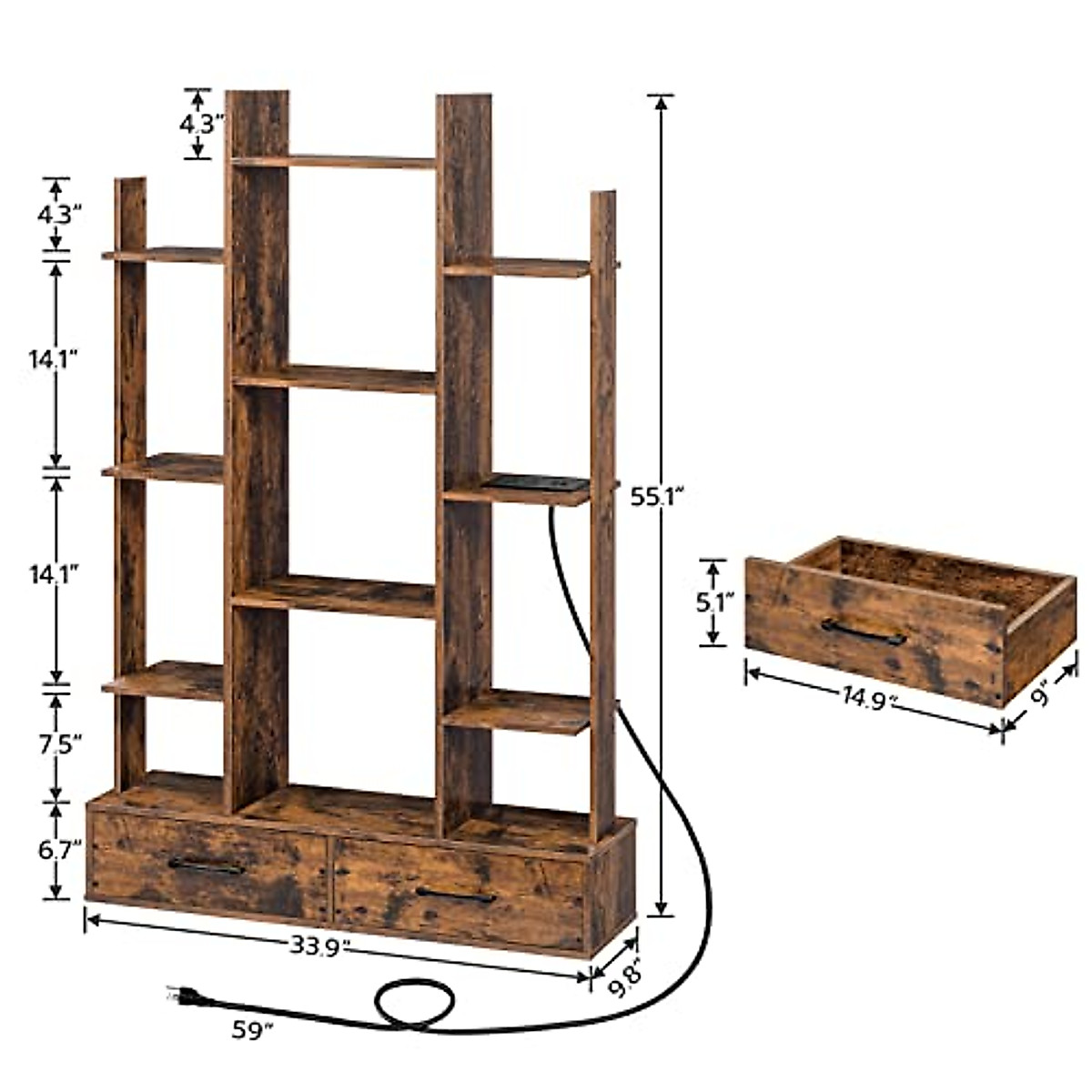 HOOBRO Bookshelf, Bookcase with Charging Station and 2 Drawers Storage, Rustic Tree Shaped Wooden Bookshelves with 12 Storage Shelves, for Bedroom, Home Office, Living Room BF140USJ01