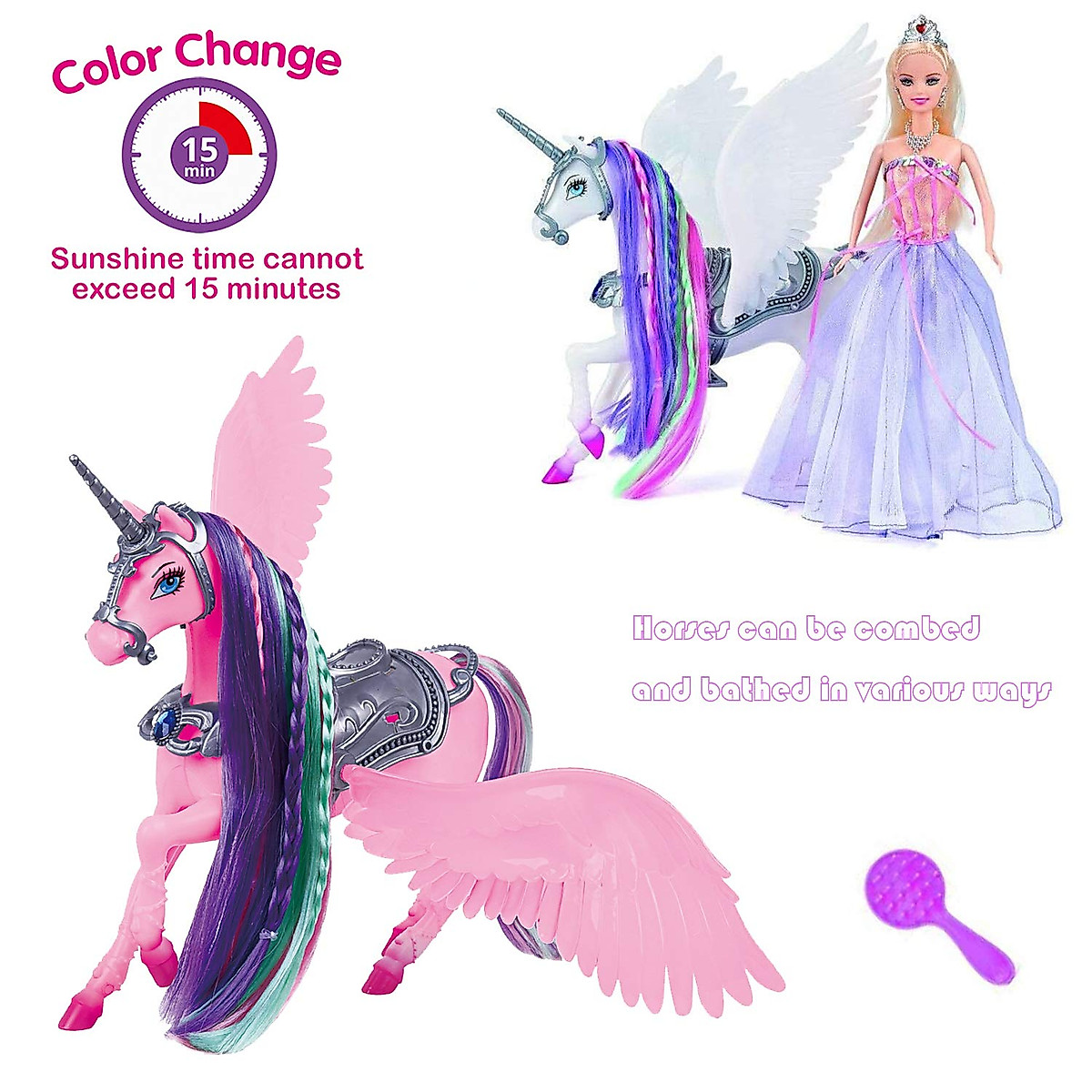 Sparkle Unicorn and Fairy Tale Princess Doll, W/ Crystal Comb and Fairy Stick, Girls' Unicorn Doll Toys Gifts, Presents for Girl Kids Aged 3+ (Pink Unicorn Purple Dress)
